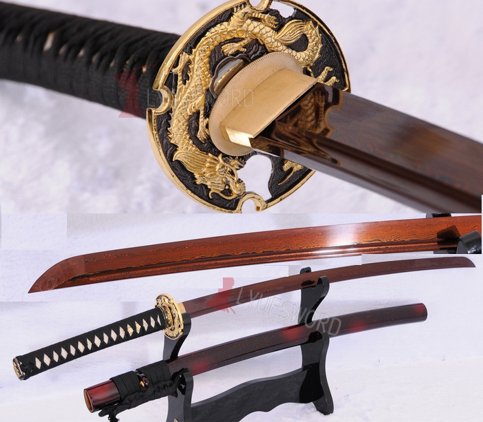 Handmade Japanese Katana Samurai Sword Red Damascus Steel Full Tang ...